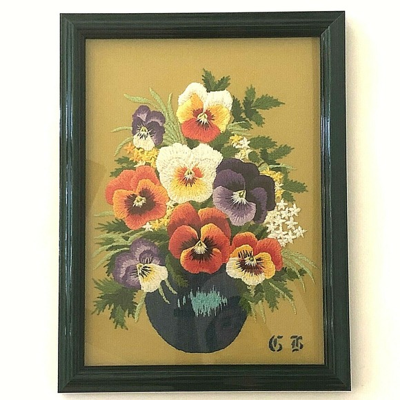 Handmade | Art | Vintage 8x16 Japan Tokyo Bunka Embroidery Pansies Vase ...